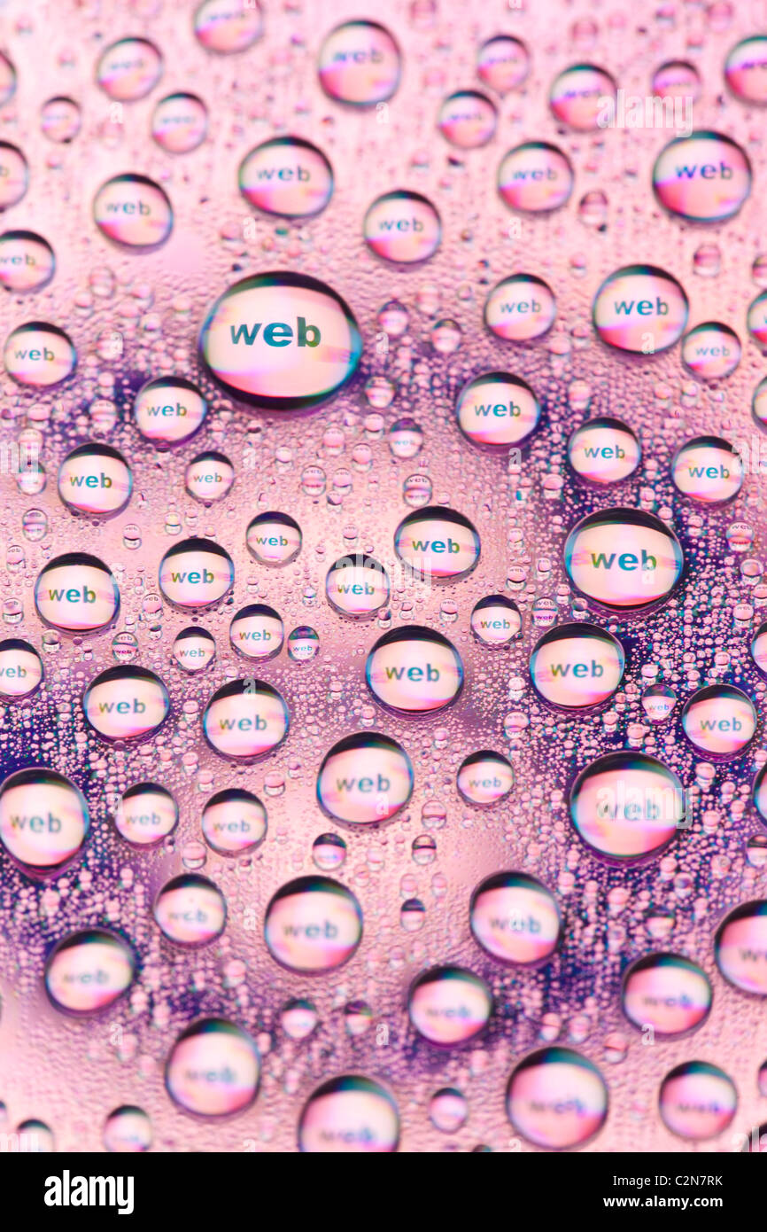The words "WEB" reflected in the drops of water. Close-up of water ...