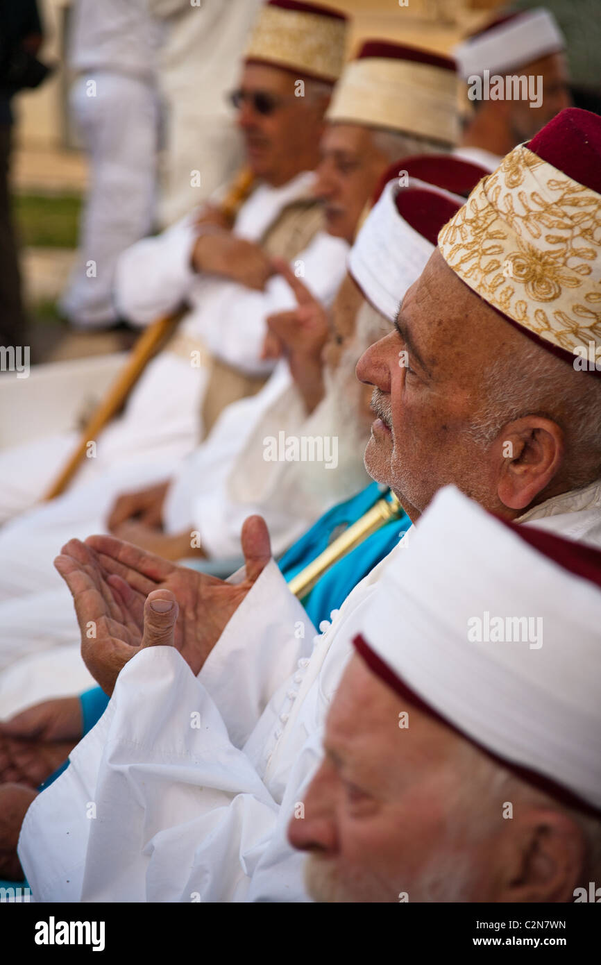 Elderly Samaritan men in prayer prior to the Passover sacrifice. Mount ...