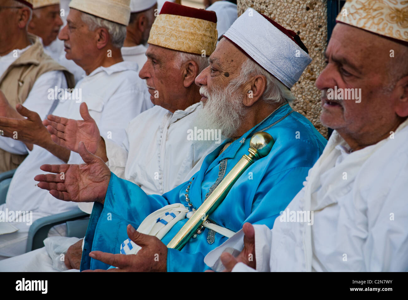 Elderly Samaritan men in prayer prior to the Passover sacrifice. Mount ...