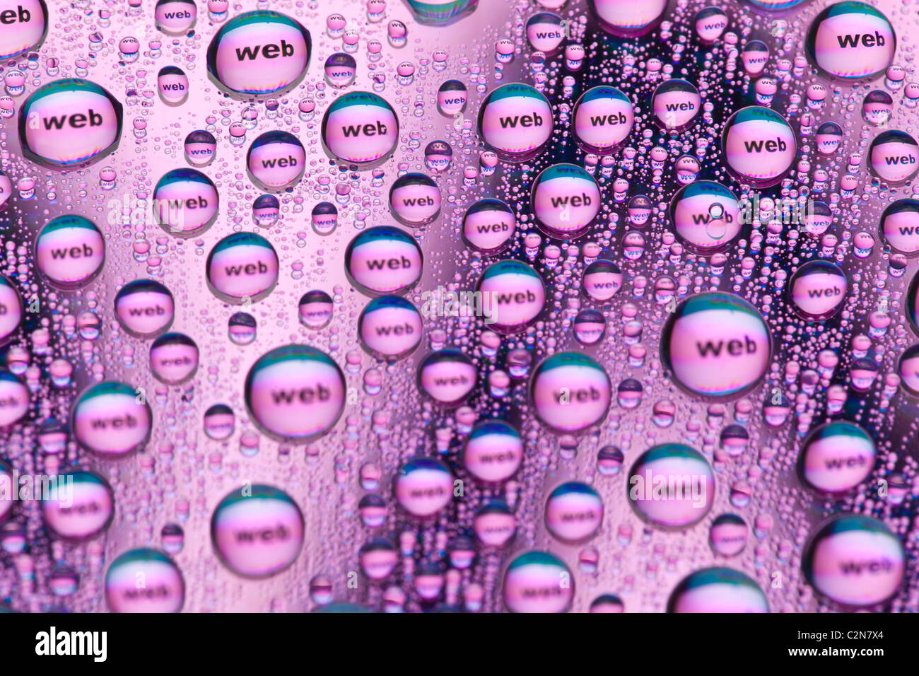 The words "WEB" reflected in the drops of water. Close-up of water ...