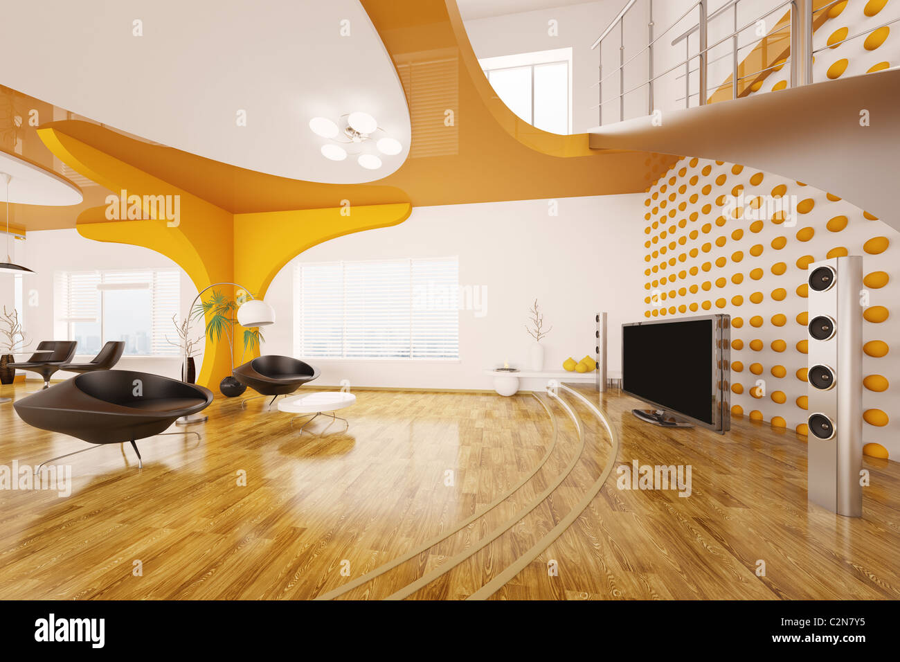 Modern interior design of living room with staircase 3d render Stock ...