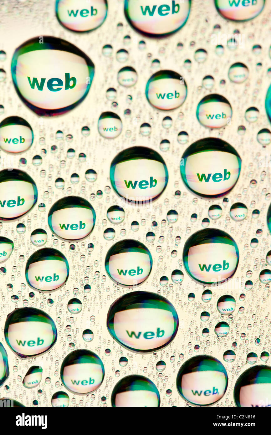 The words "WEB" reflected in the drops of water. Close-up of water ...