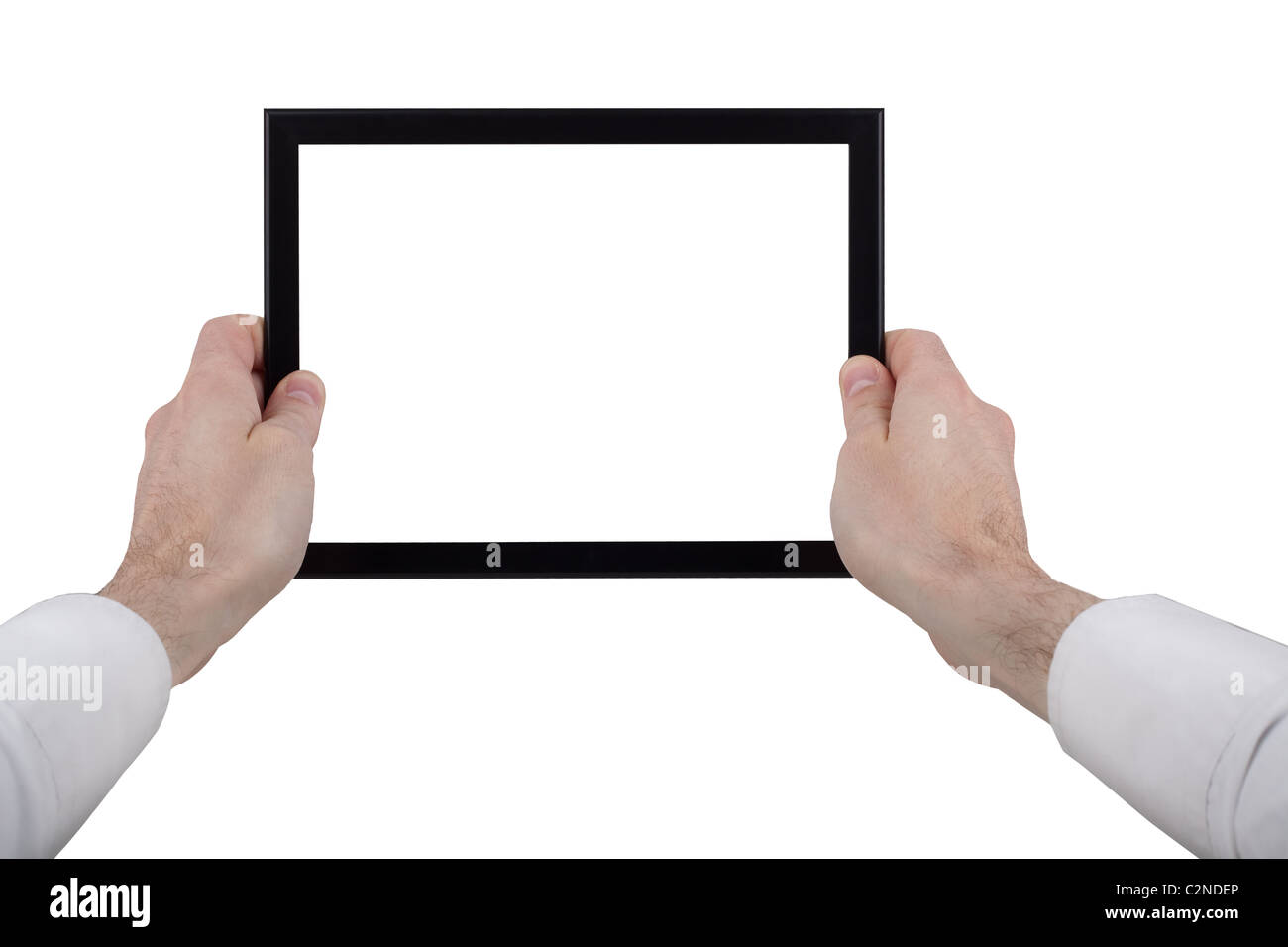 male hands holding a touchpad pc, isolated on white Stock Photo - Alamy