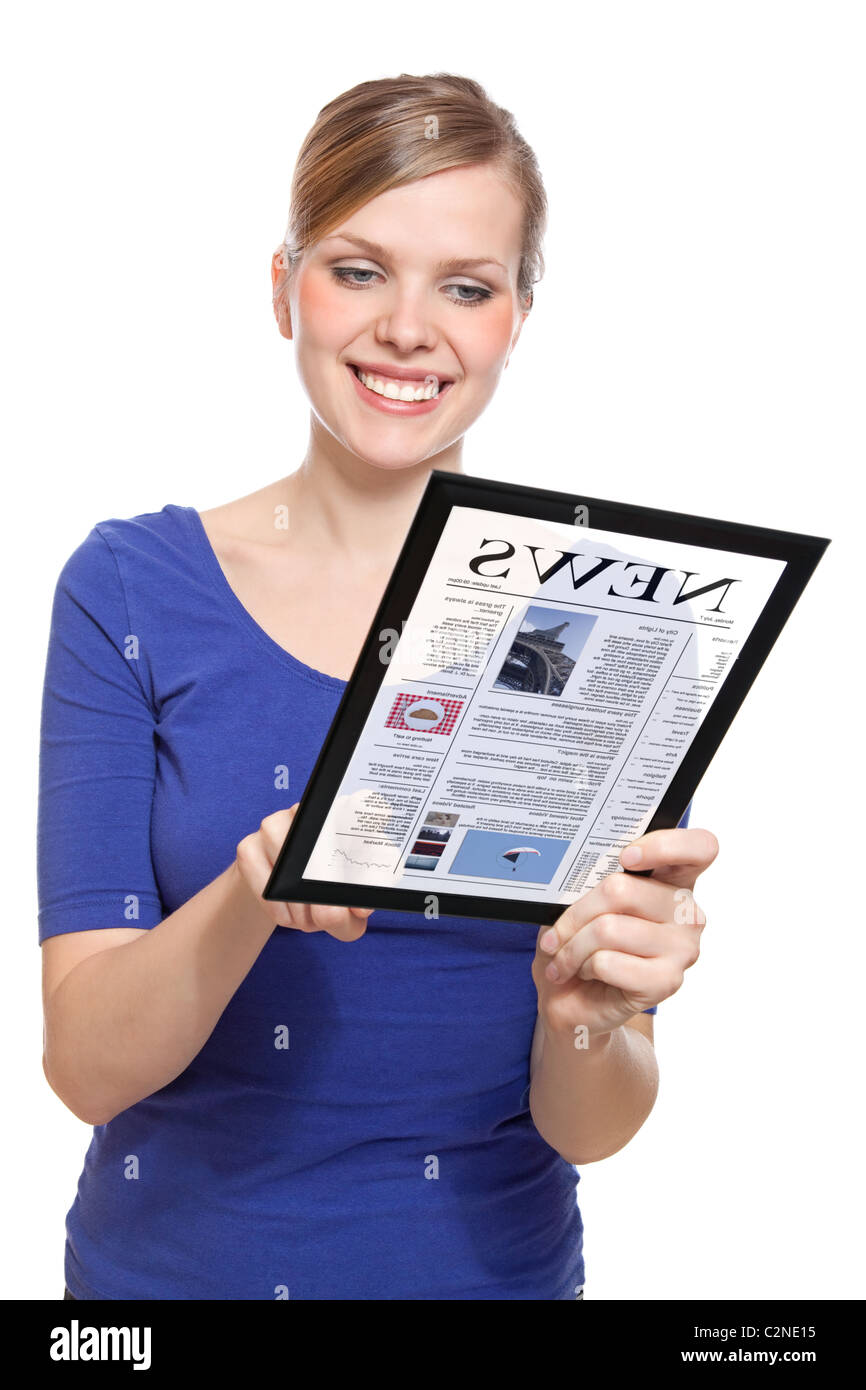 Beautiful woman holding a touchpad pc and reading a newspaper, isolated ...