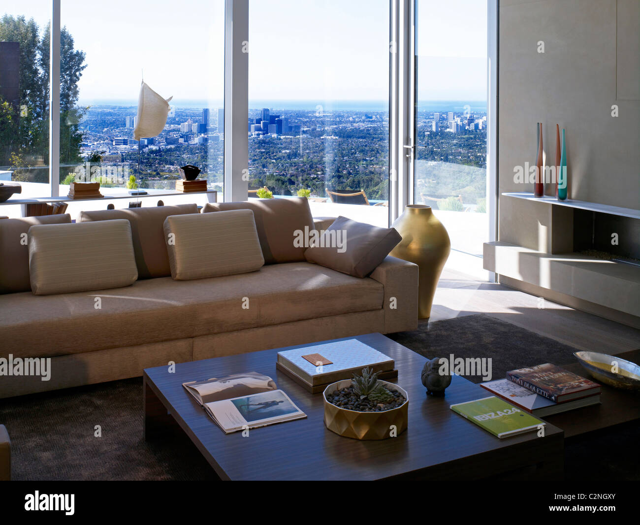 Modern detached house, West Hollywood, California. Living room with ...