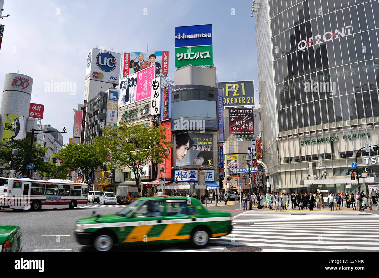 Shibuya crossing and surrounding commercial buildings (QFront, 109 etc ...