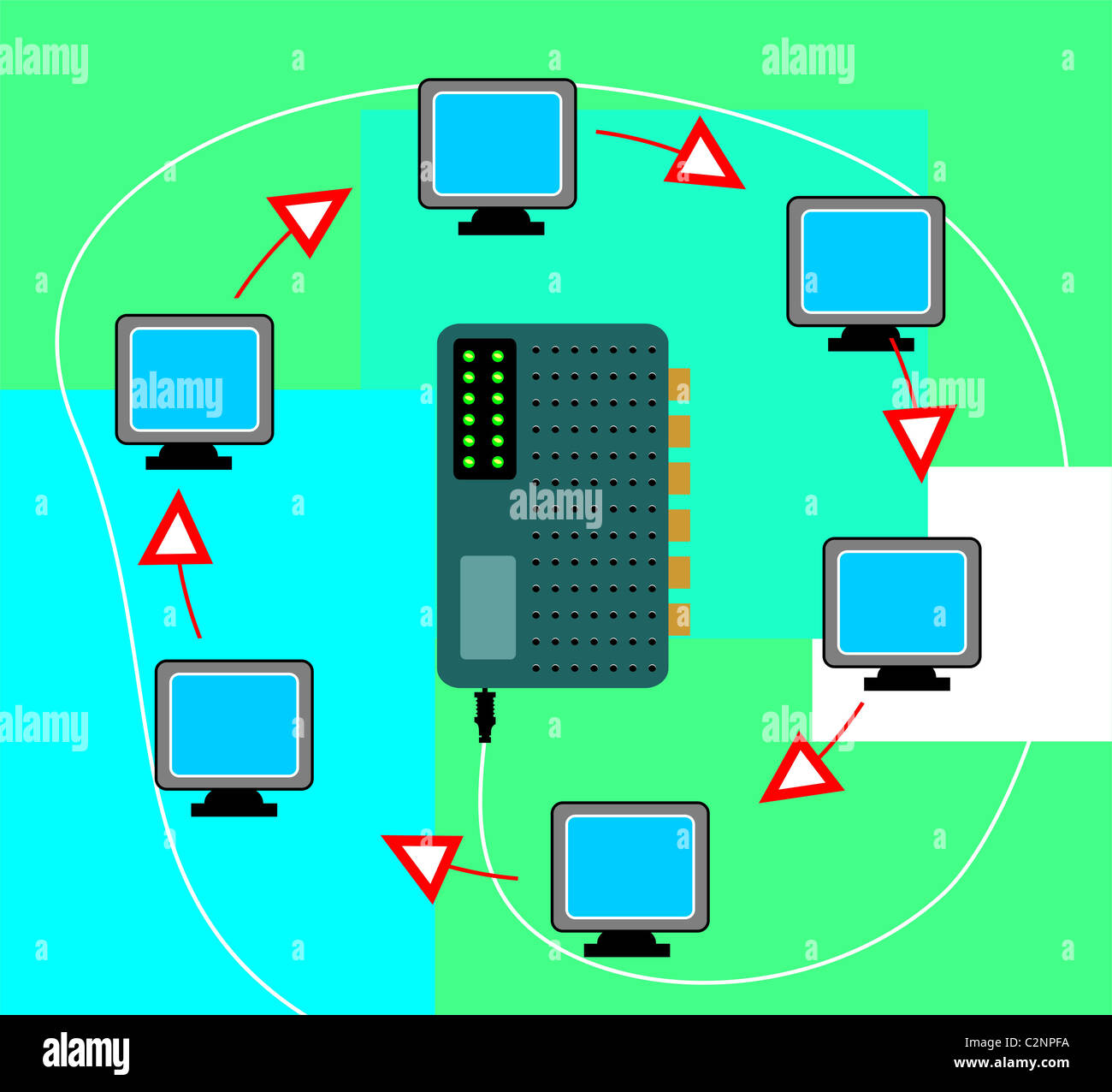 computer monitors around a local area network modem Stock Photo - Alamy