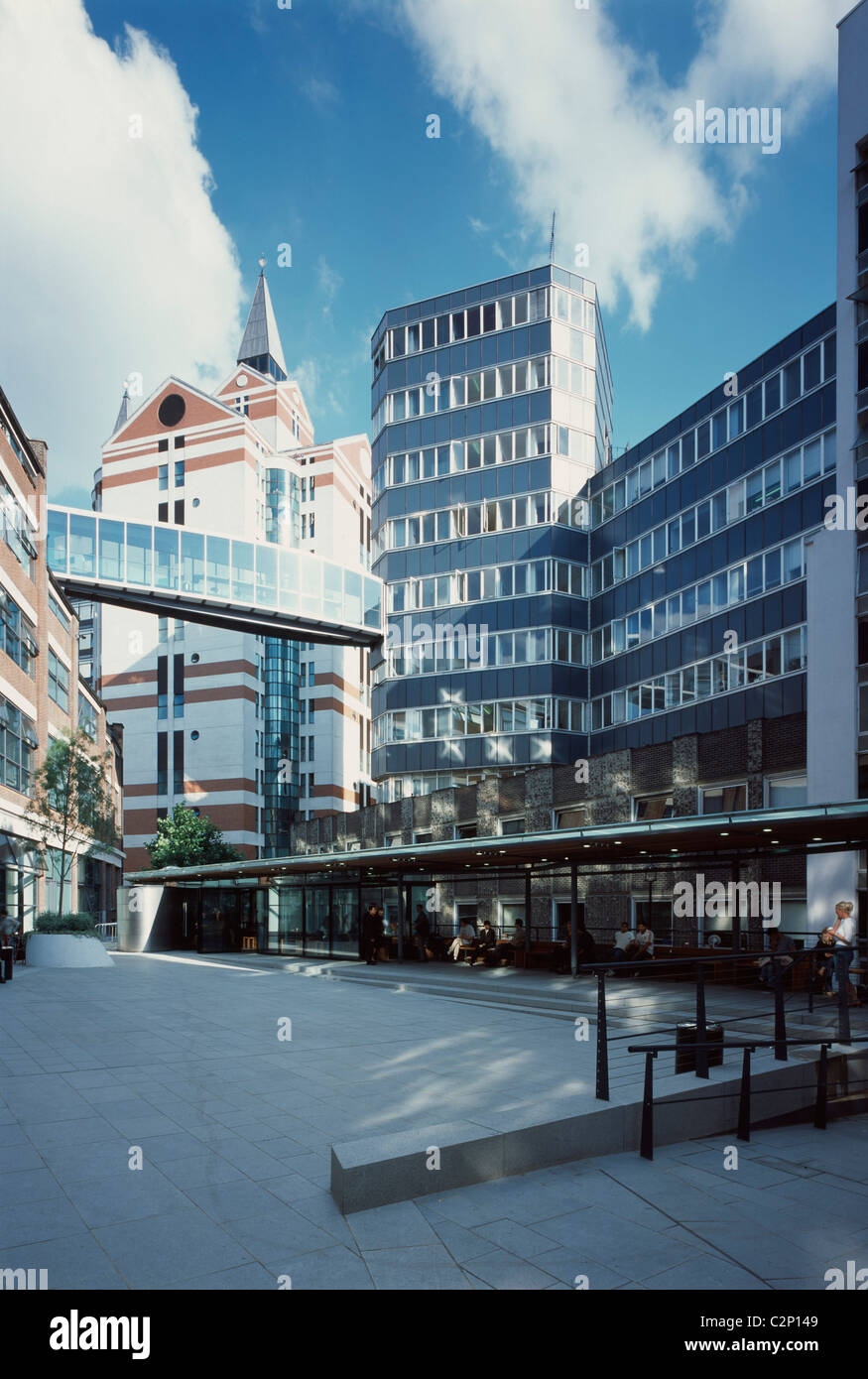 LSE Library Plaza Cafe, London. Distant view of students at tables ...