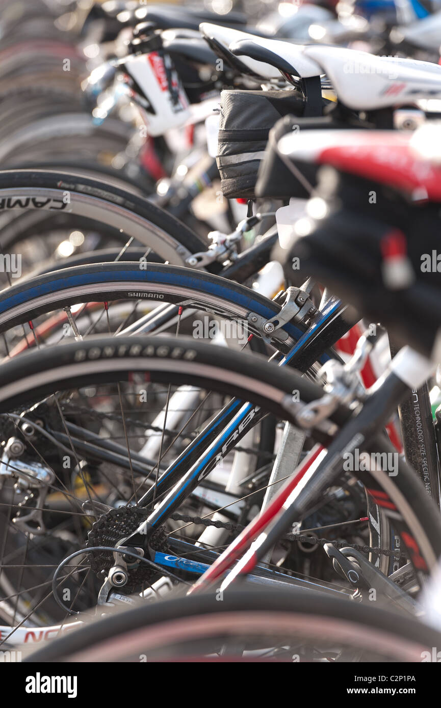 Transition zone for competing tri athletes in triathlon with kit laid ...