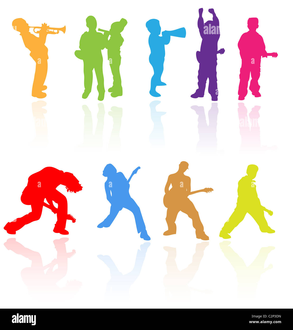 Vector silhouettes with reflection of children playing musical ...