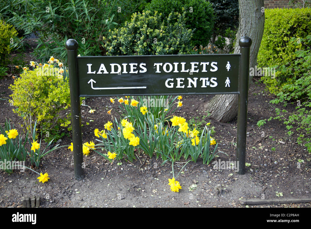 Toilets ladies gents arrow signpost park Stock Photo - Alamy