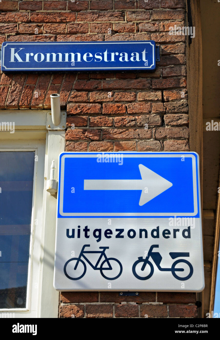 Amersfoort, Netherlands. Right turn only traffic sign - 'except bikes ...