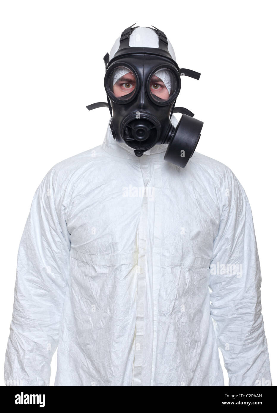fine portrait of man wearing protechion clothes and gas mask Stock ...