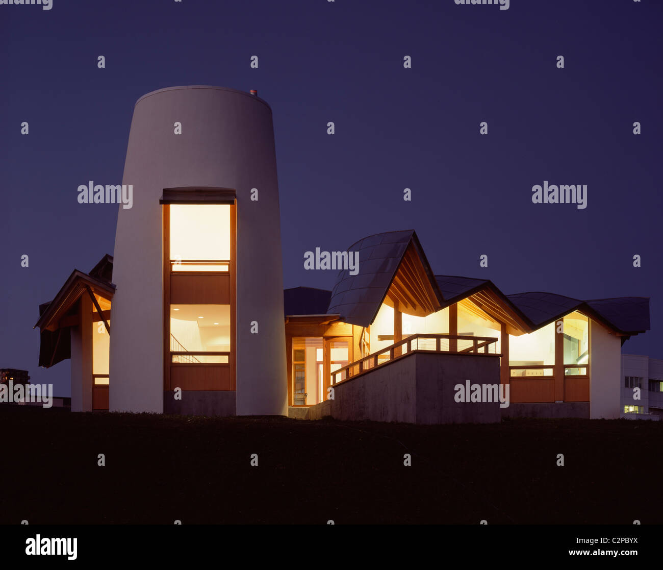 Maggie's Centre, Ninewells Hospital, Dundee, Scotland. Exterior at dusk ...