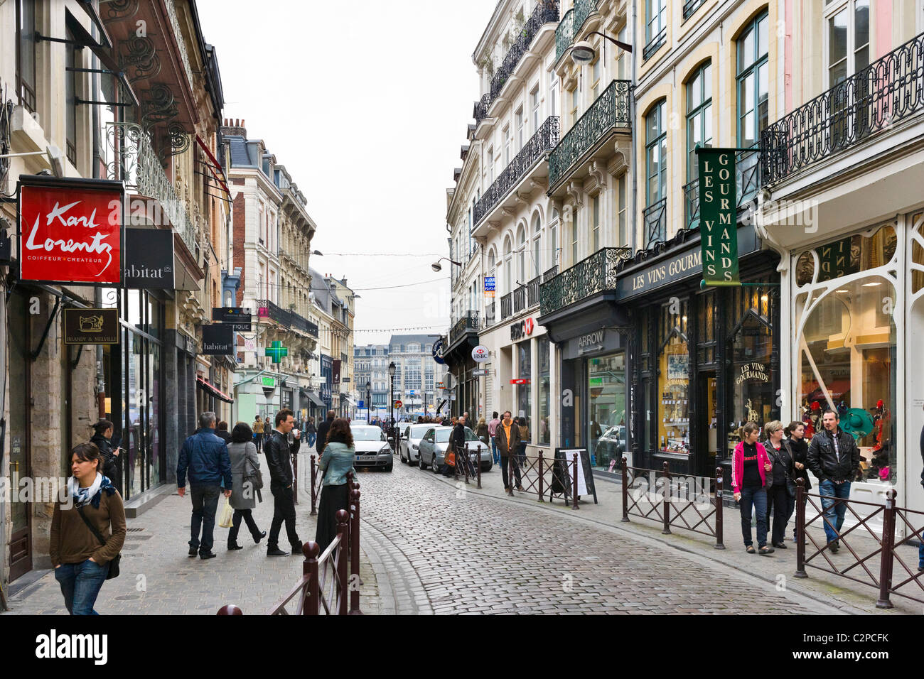 Shops on a street in the city centre, Lille, Flanders, France Stock ...