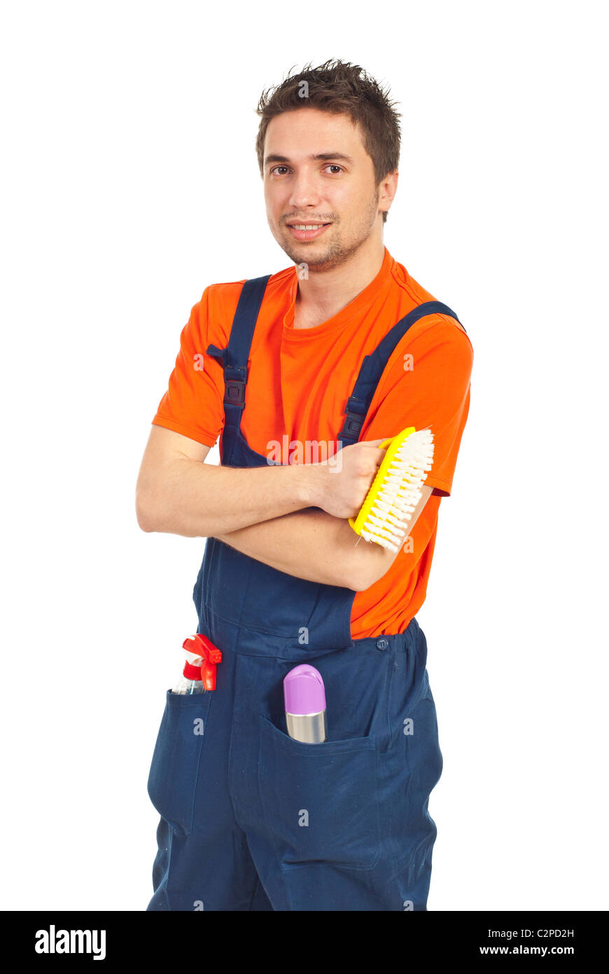 Portrait of happy cleaning worker man holding brush isolated on white ...