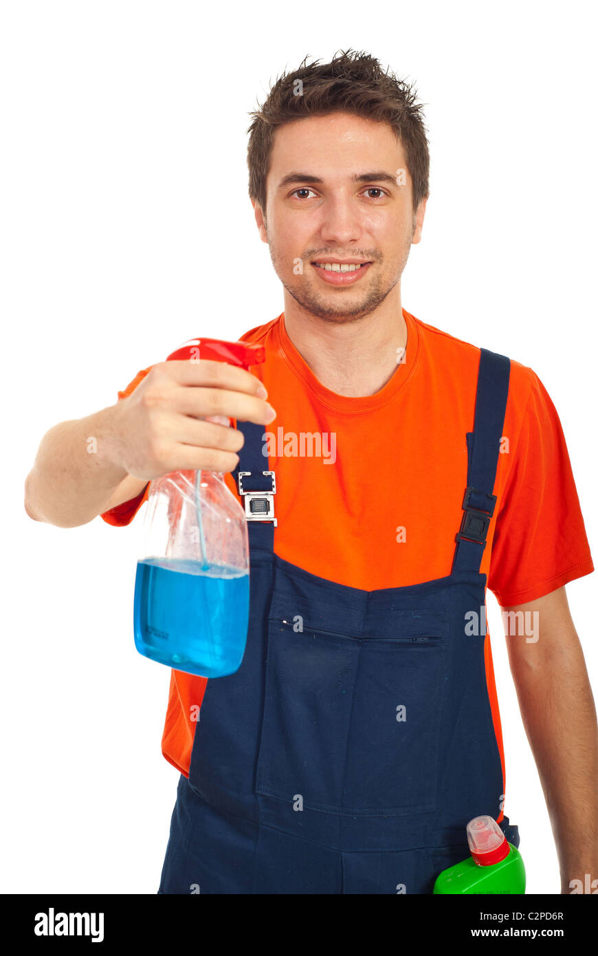 Cheerful cleaning worker man holding spray for washing windows isolated ...