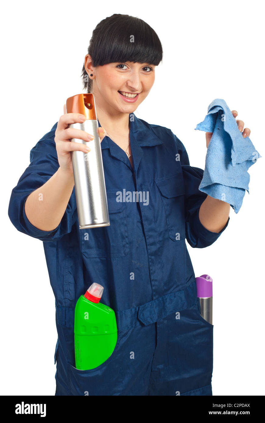 Cheerful cleaning worker woman ready for work isolated on white ...
