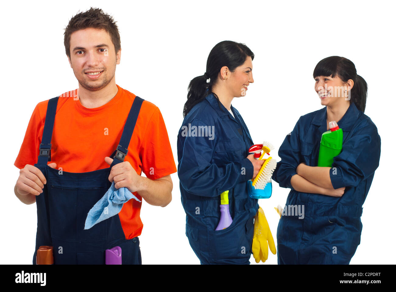 Happy teamwork of cleaning workers smiling or laughing isolated on ...