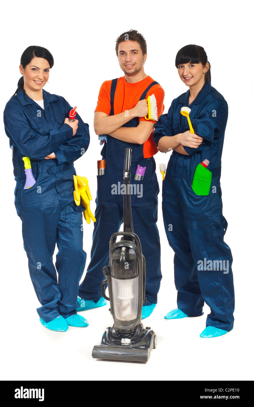 Team of workers people in a row offering cleaning service isolated on ...