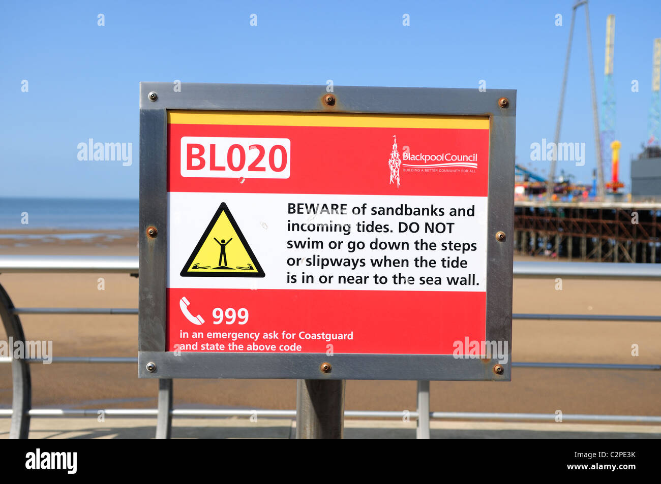Blackpool Warning Sign Sandbanks and Incoming Tides Stock Photo - Alamy