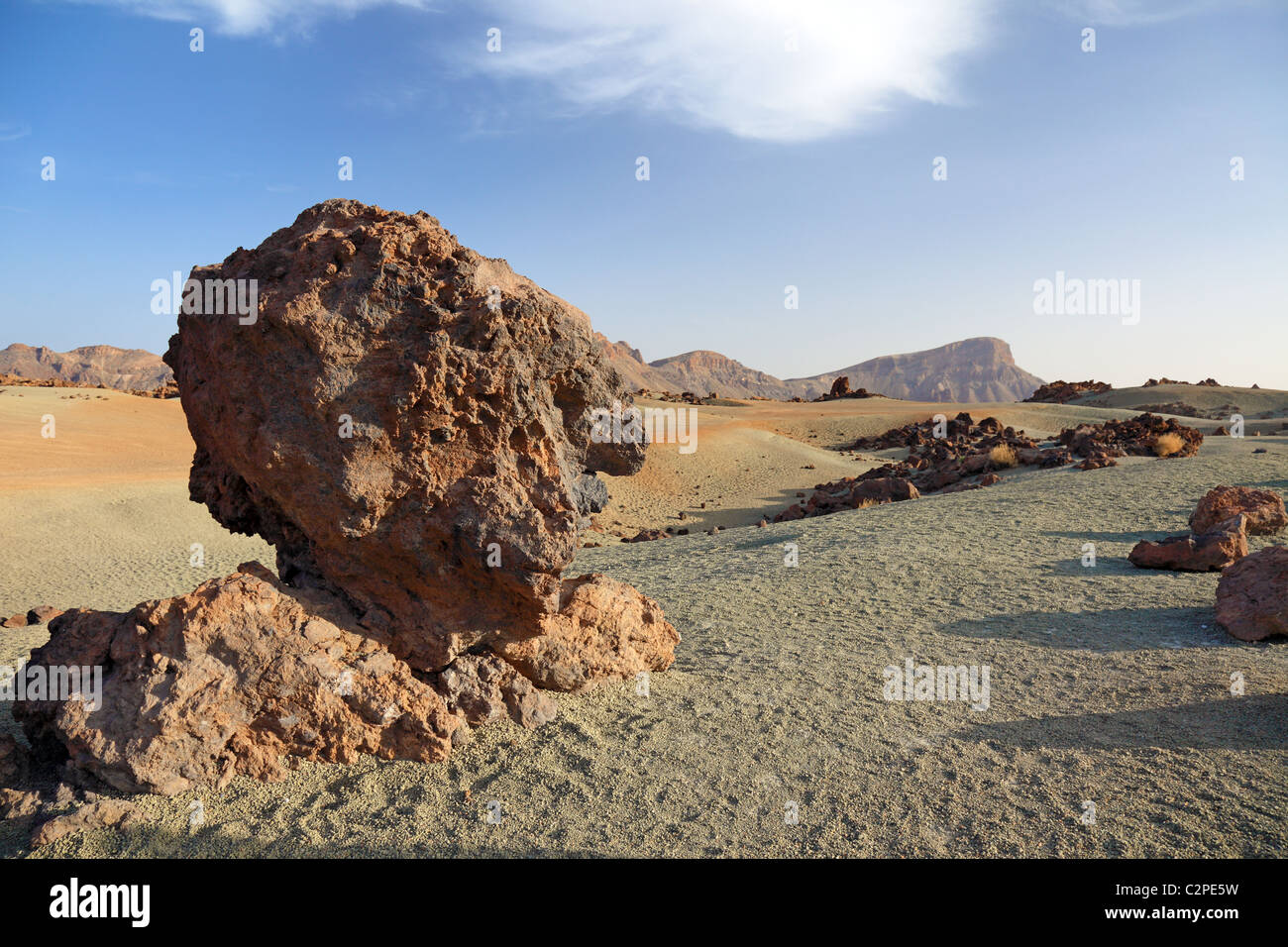 Volcanic desert at Tenerife Canary island. Blue sky, arid dry sand heat ...