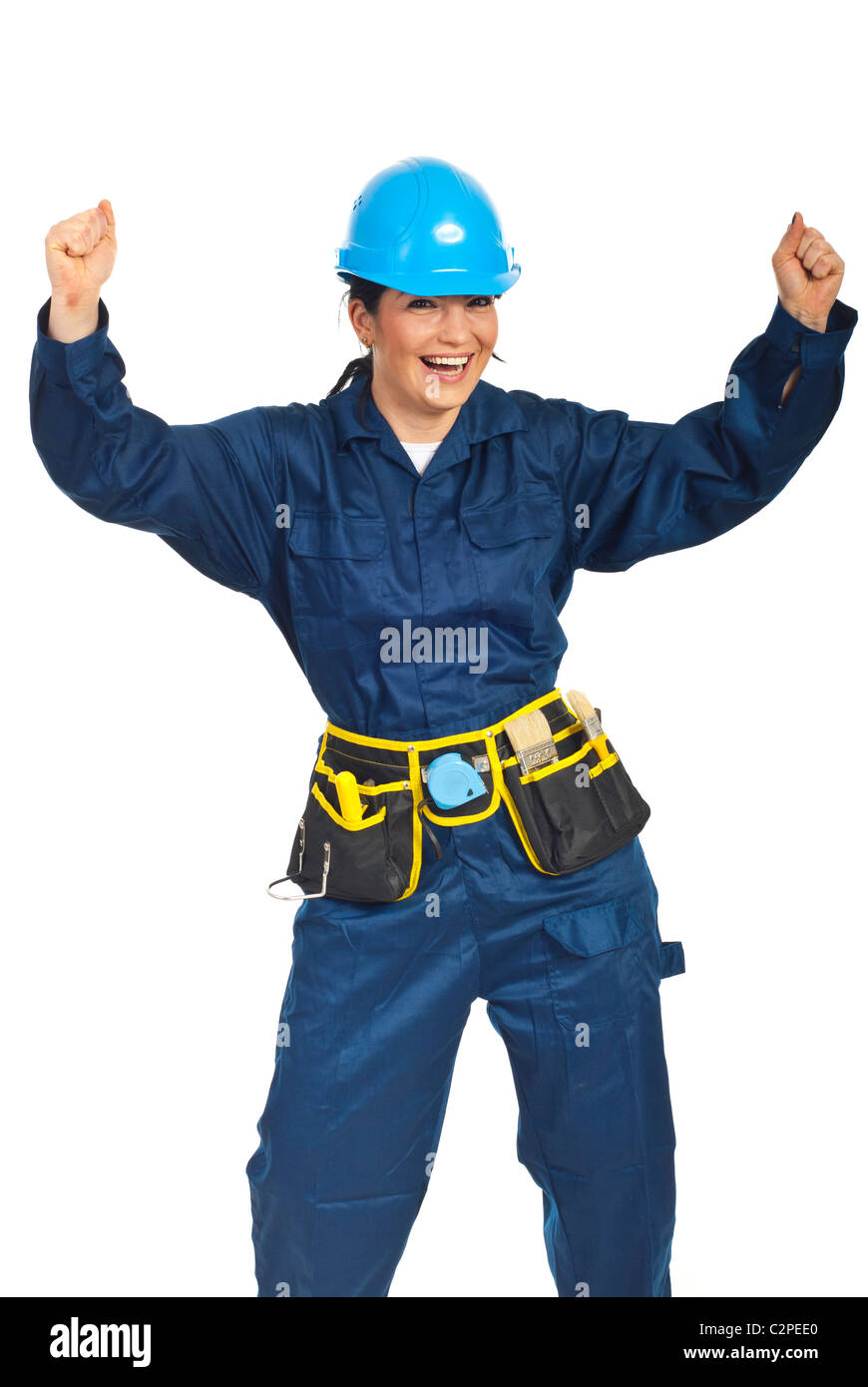 Successful constructor worker woman raising arms and laughing isolated ...