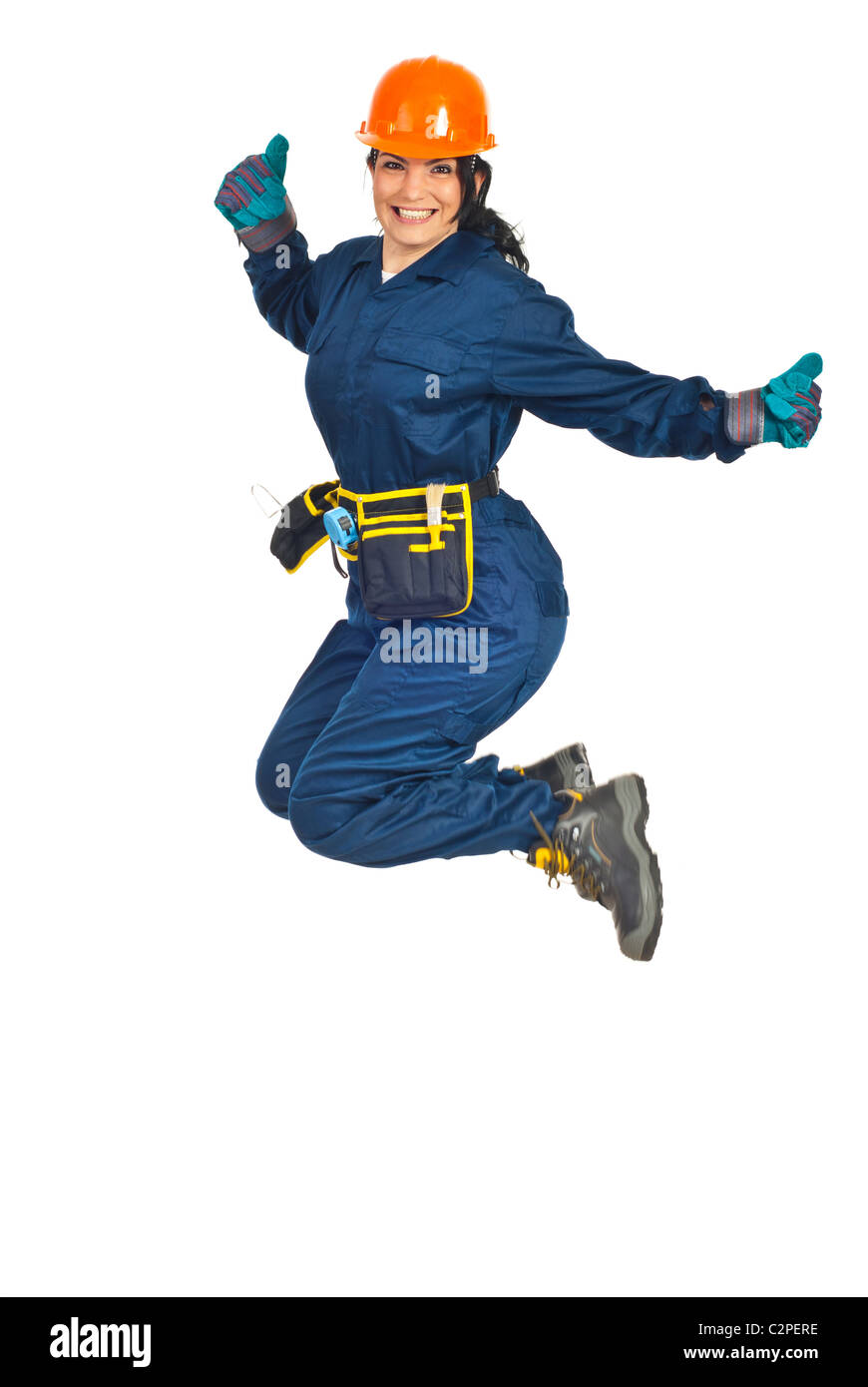 Successful happy worker woman jumping isolated on white background ...