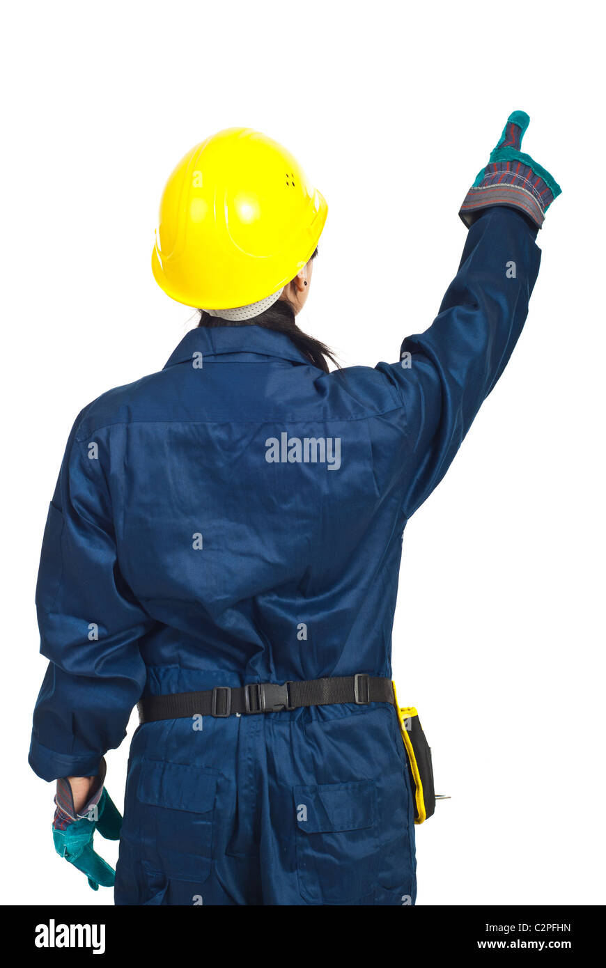 Back of worker woman pointing up isolated on white background Stock ...