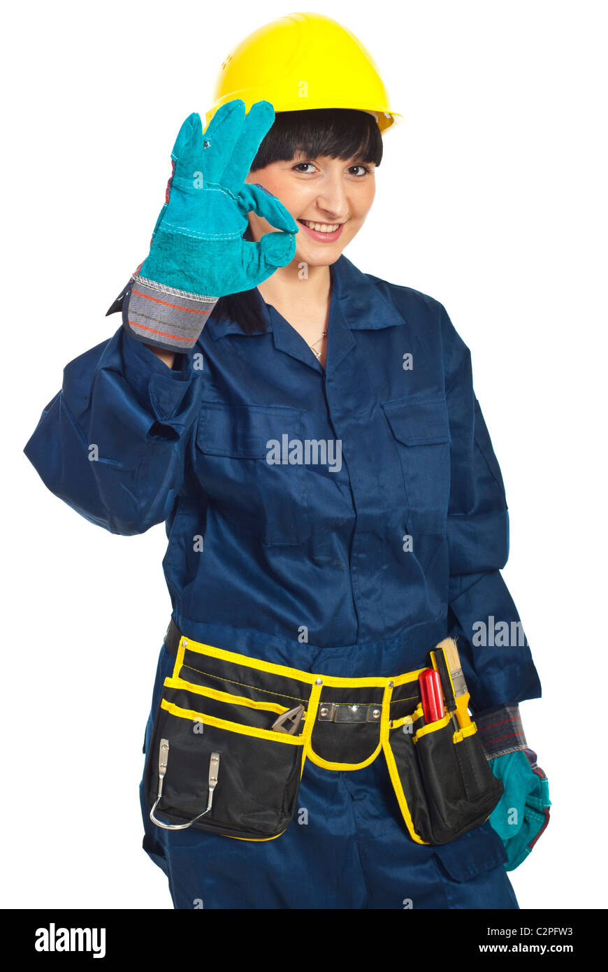 Successful worker female showing okay sign hand gesture isolated on ...