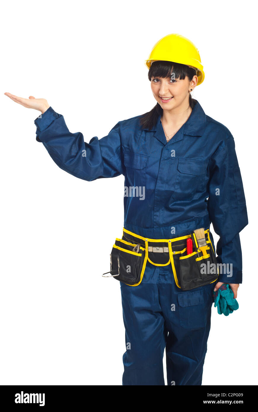 Smiling construction worker female making presentation isolated on ...