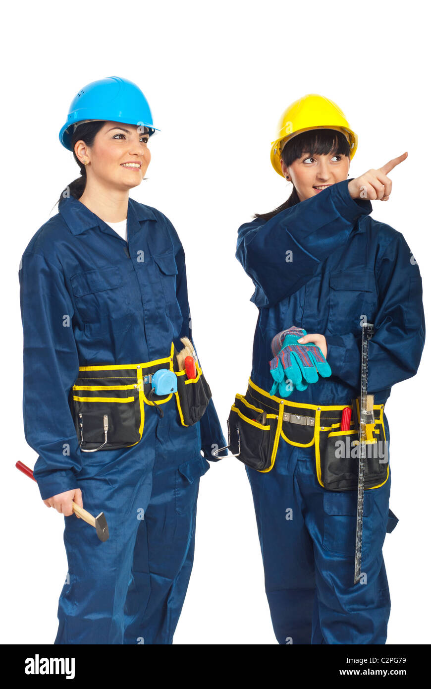 Worker women pointing up Stock Photo - Alamy