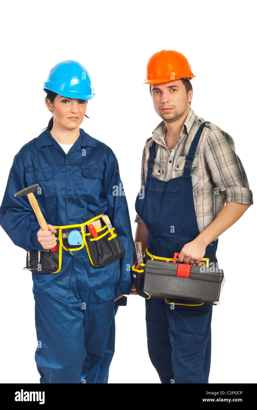 Team of two constructor workers holding tools isolated on white ...