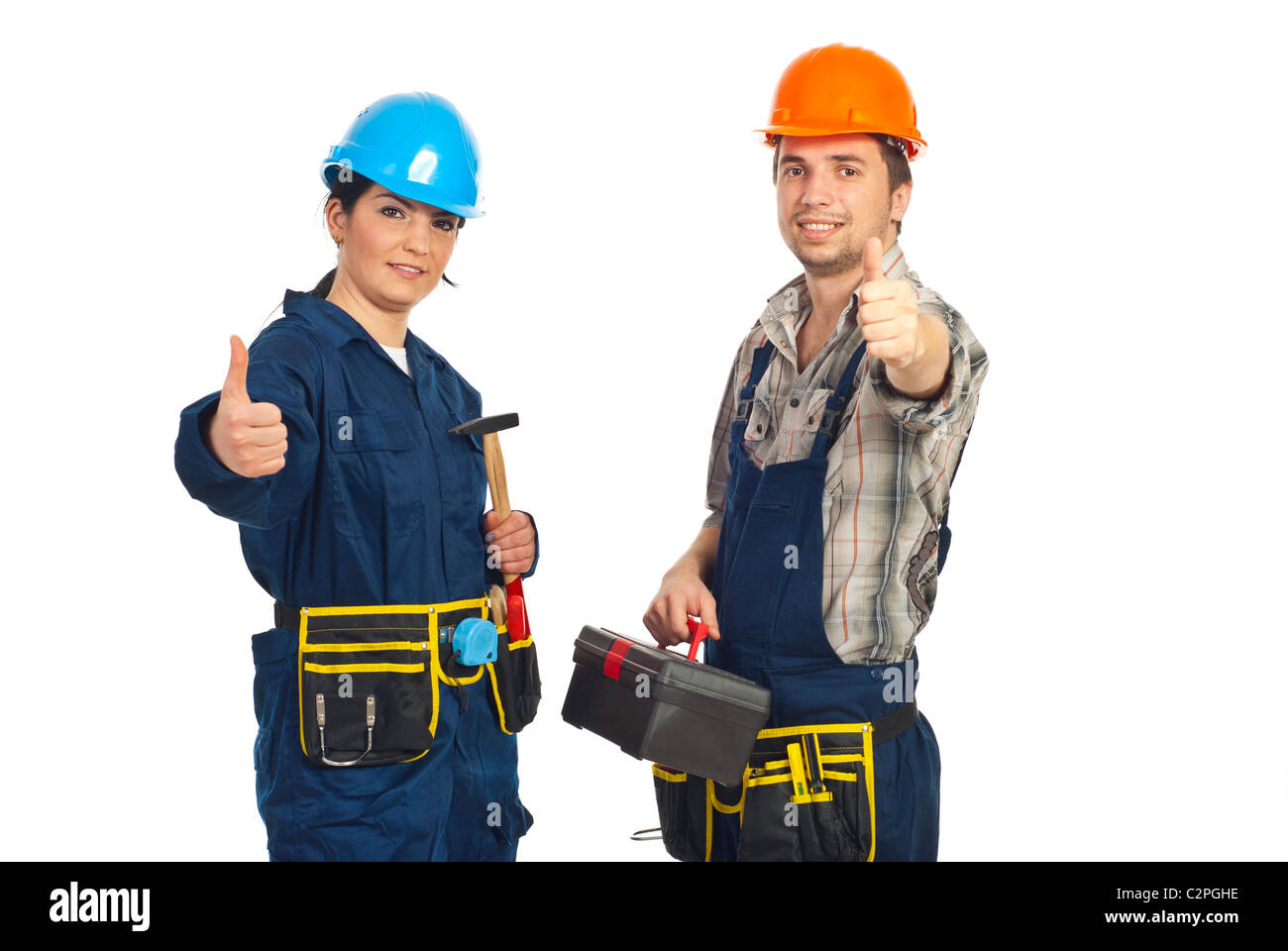 Successful team of constructor workers giving thumbs up isolated on ...