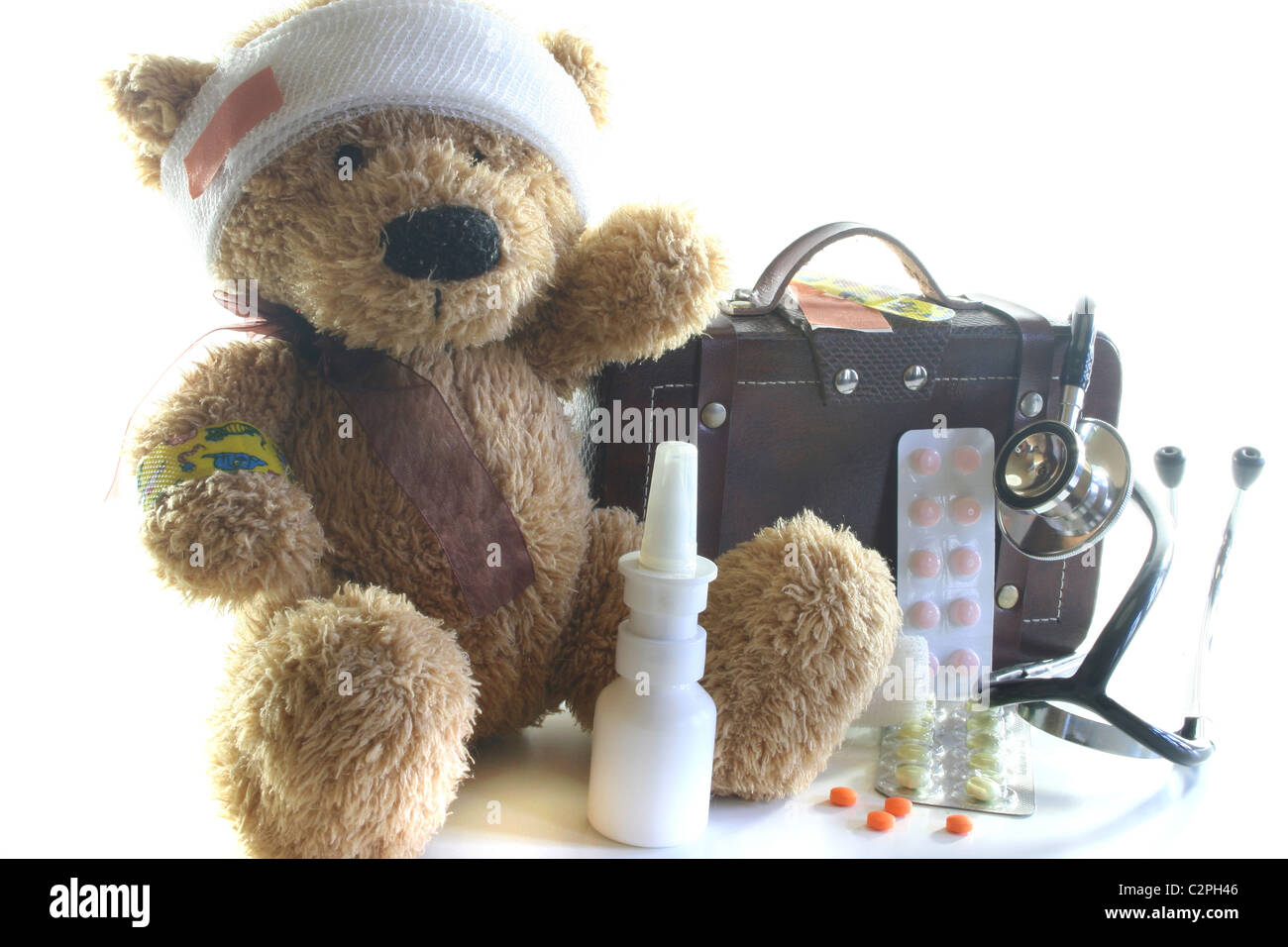 Kids first aid kit with Teddy, Bags, Stethoscope and medicines Stock ...