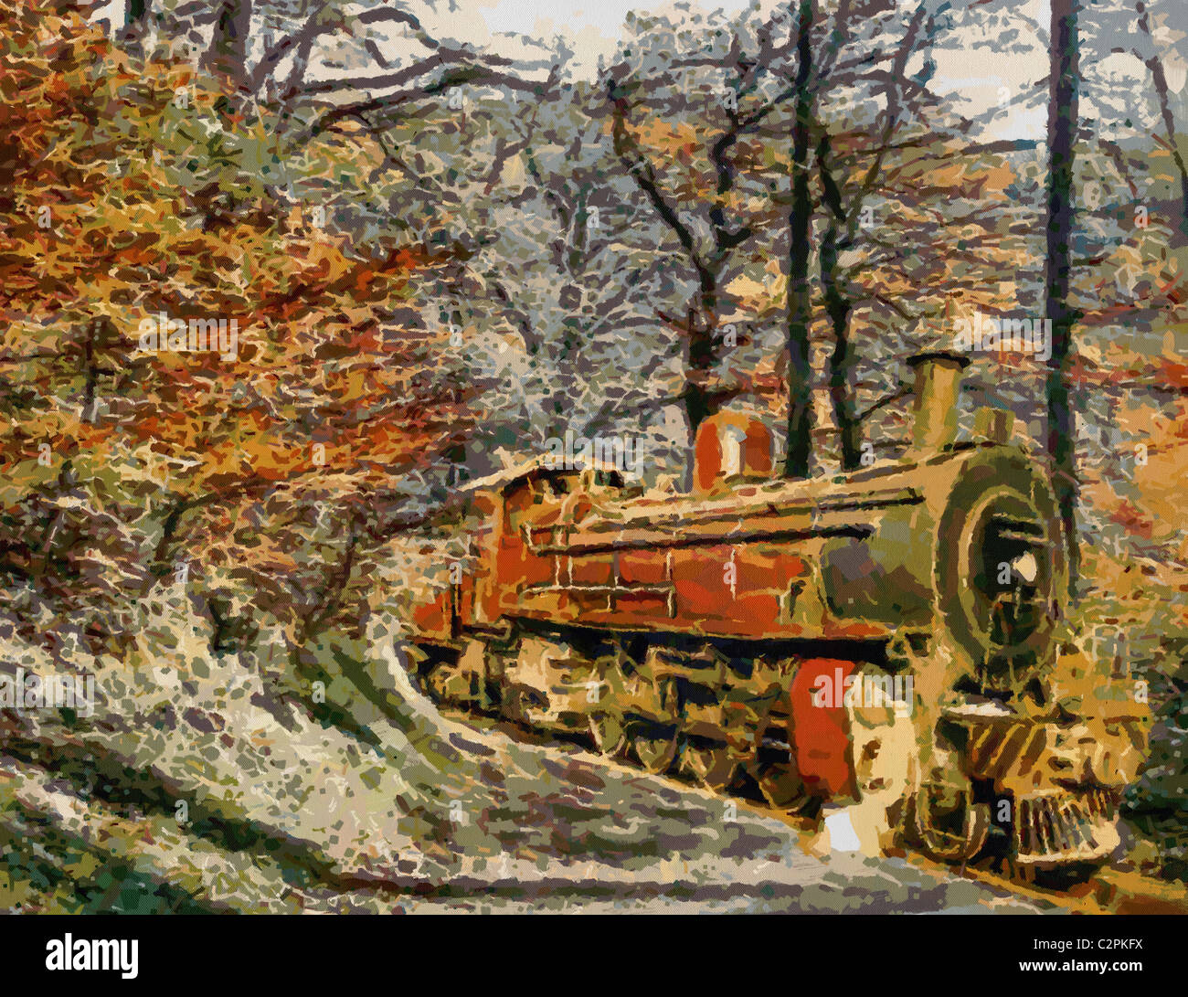 Orange steam train driving through forest (Oil painting Stock Photo - Alamy