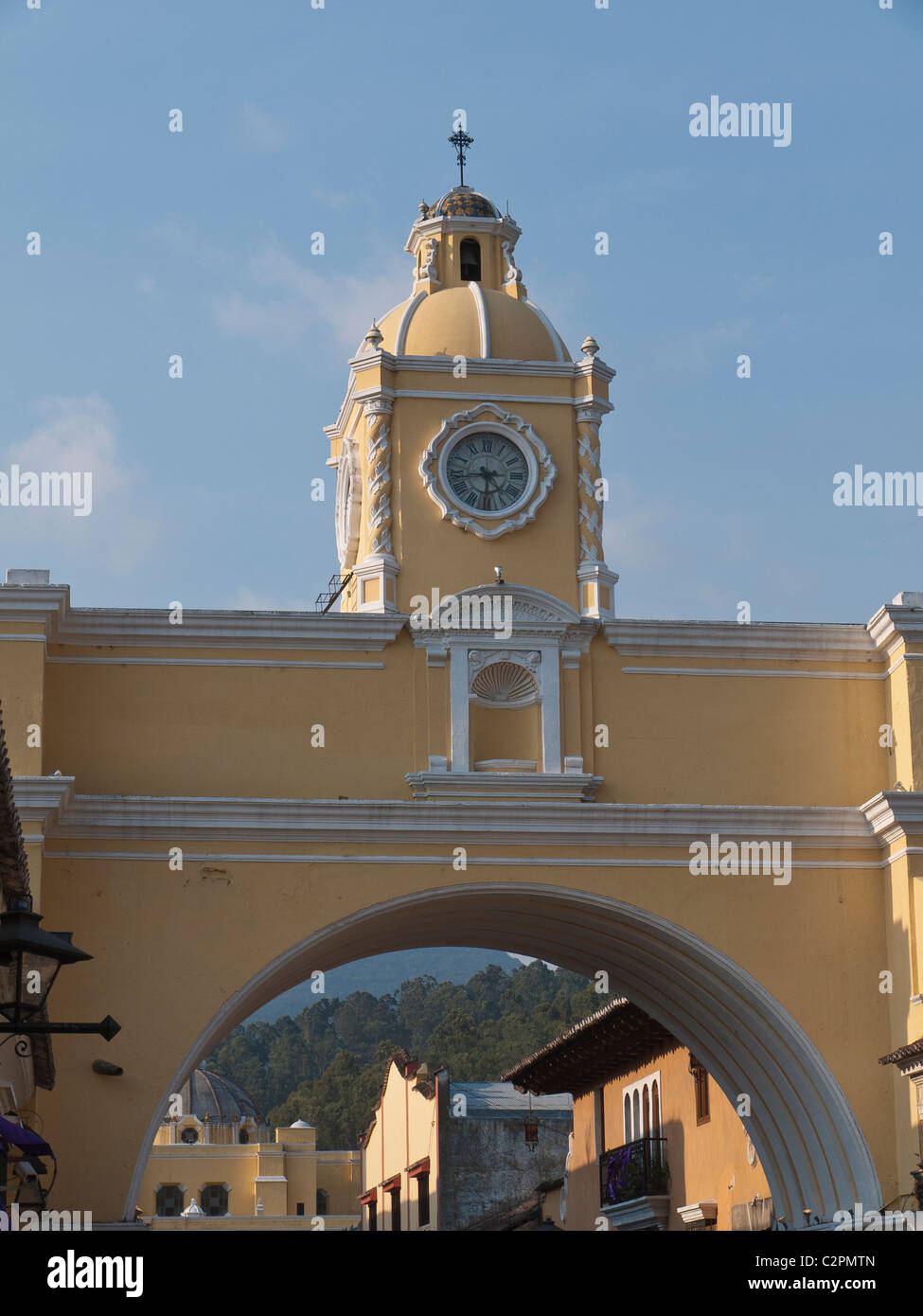 A detail of the dome, clock tower and arch of one of the historic ...