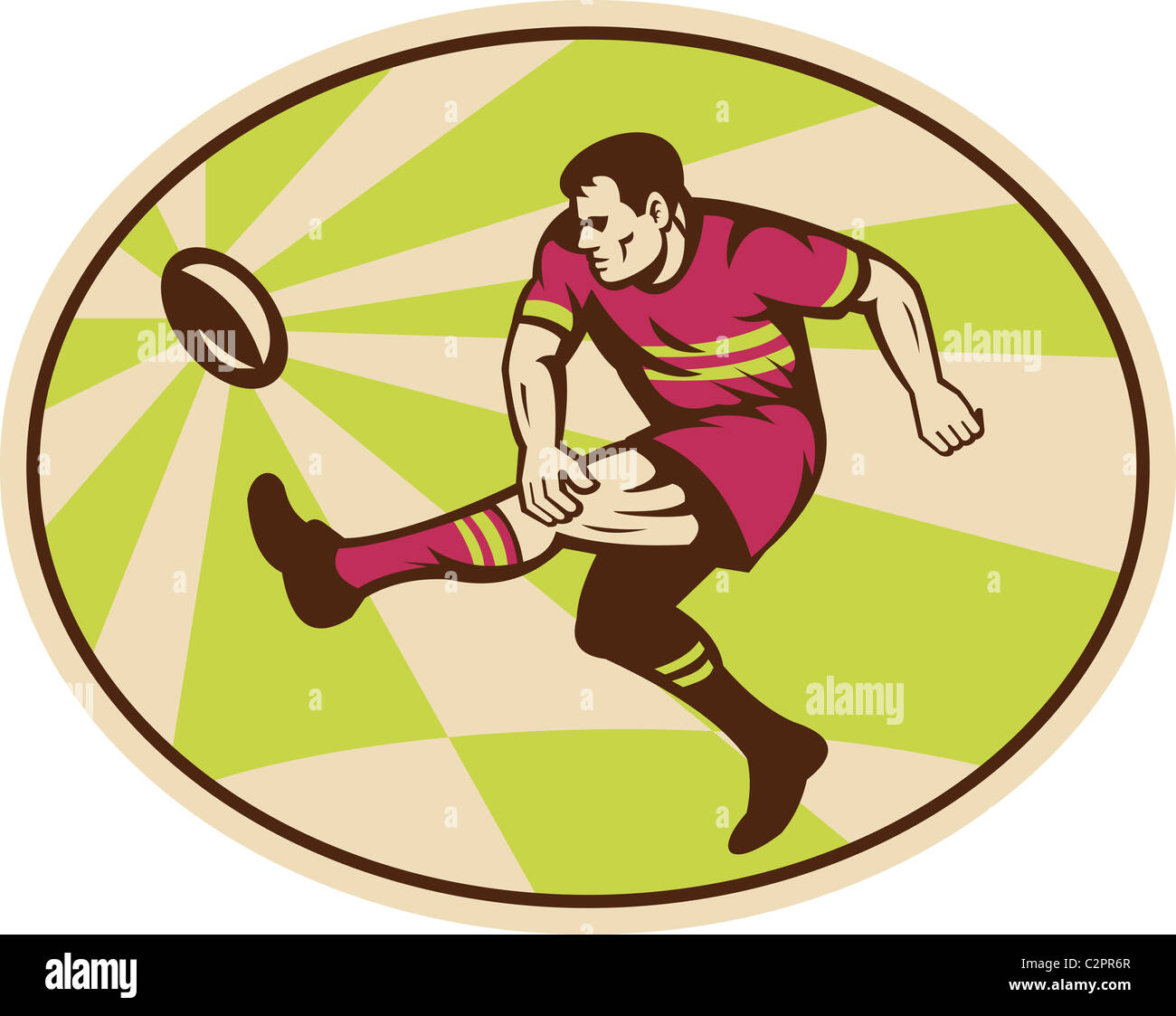 illustration of a rugby player kicking the ball set inside ellipse done ...