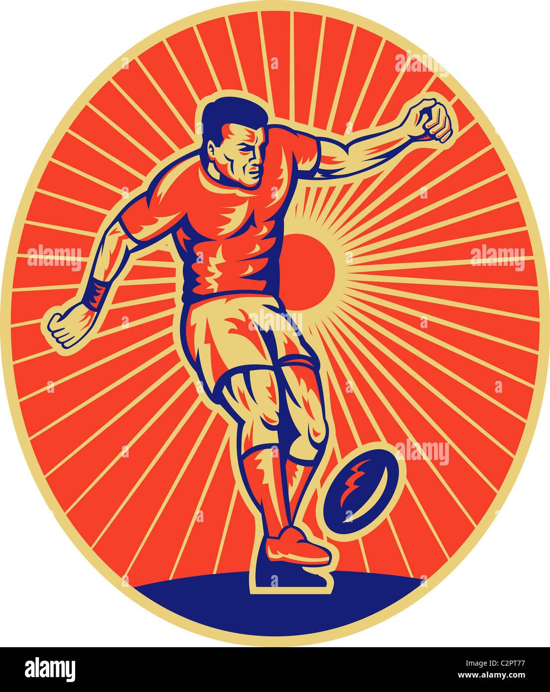 illustration of a rugby player kicking the ball set inside ellipse done ...