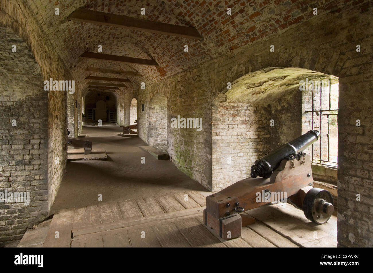 Dover Castle. View of the caponier leading to the spur with a cannon in ...