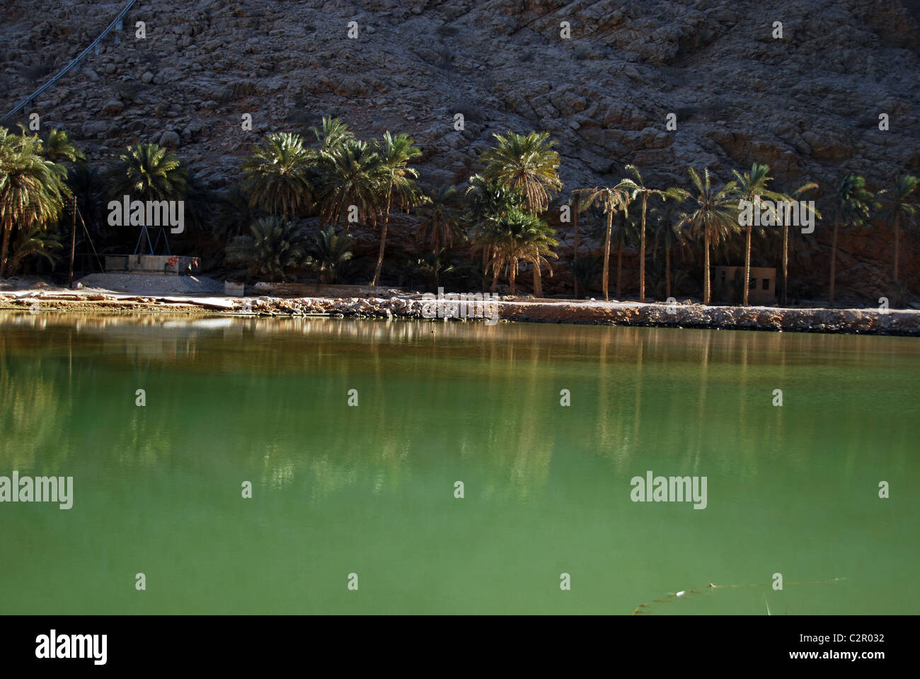 Oman, Wadi Shab, natural pristine green pools with palm trees, running ...