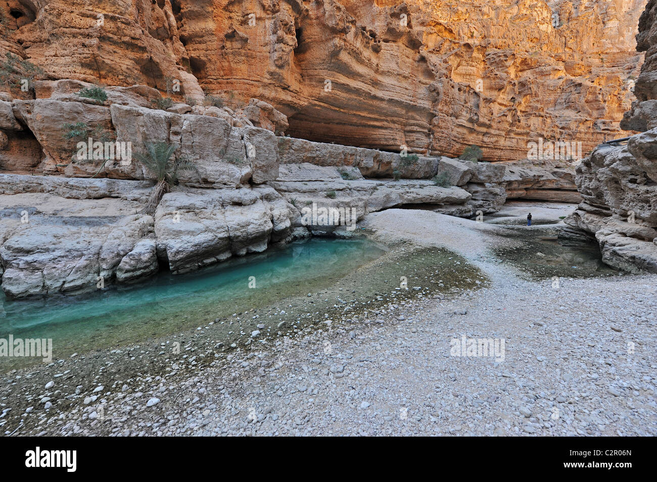 Oman, Wadi Shab, natural pool with rocks, running alongside sharp and ...