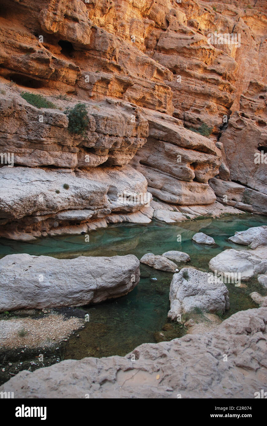 Oman, Wadi Shab, natural pool with rocks, running alongside sharp and ...