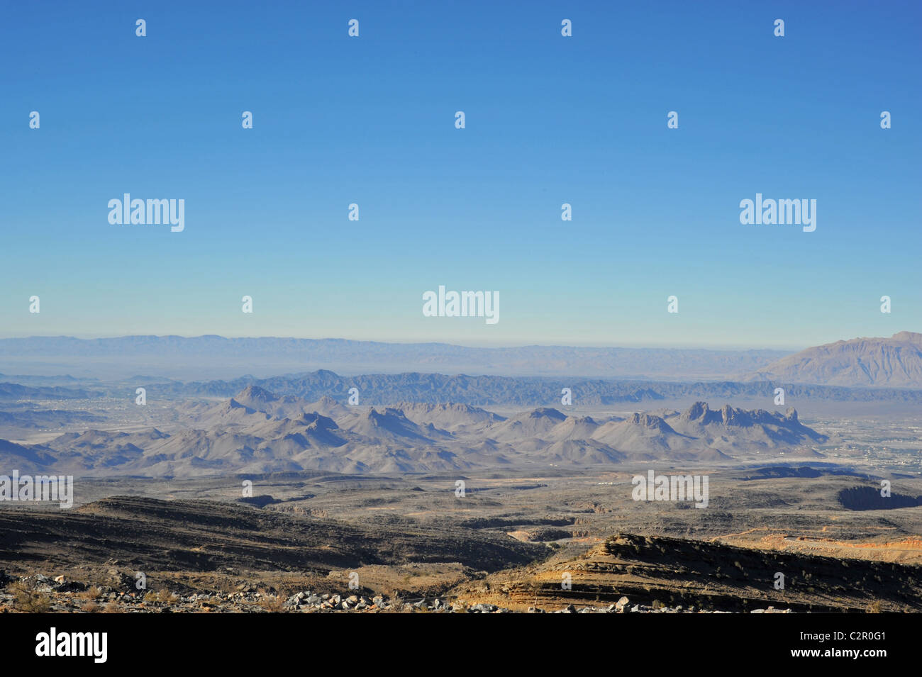 Oman, Western Hajar Mountains, mountain range with vast landscape in an ...