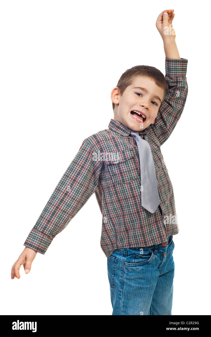 Excited little boy shouting and holding a hand up isolated on white ...