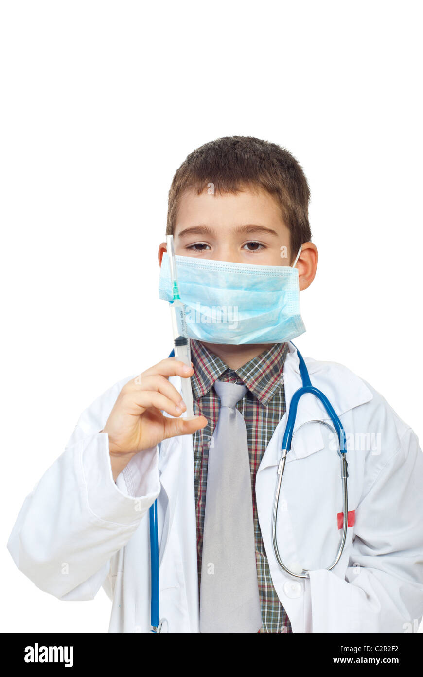 Future boy doctor with mask holding syringe isolated on white ...