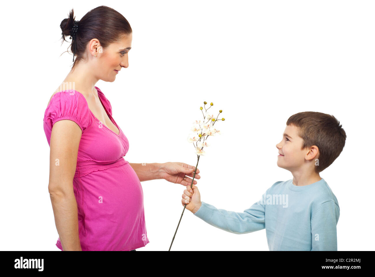 Little boy offering a flower to his mom on mother's birthday isolated ...