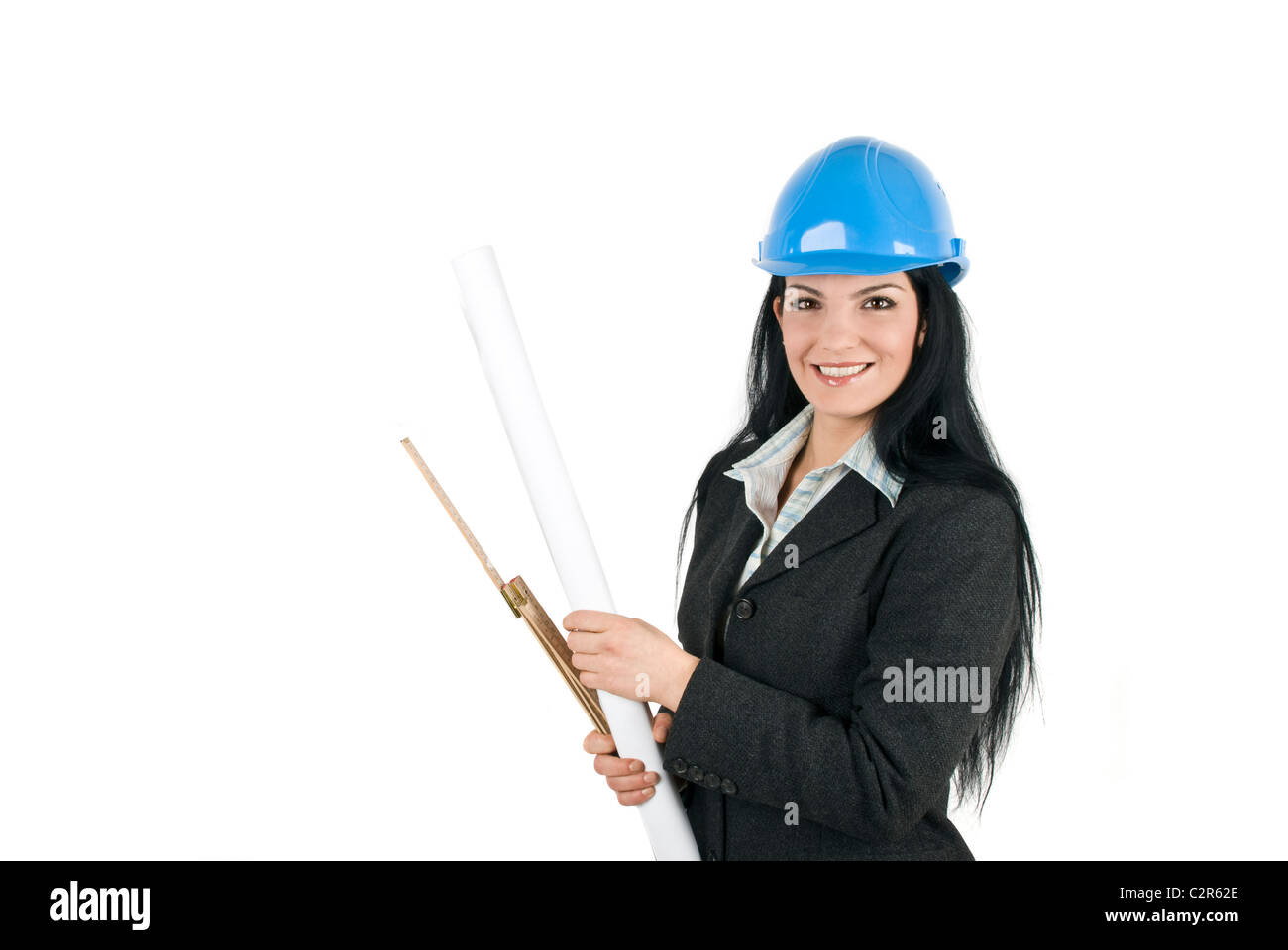 Smiling woman engineer with blue hardhat and project isolated on white ...