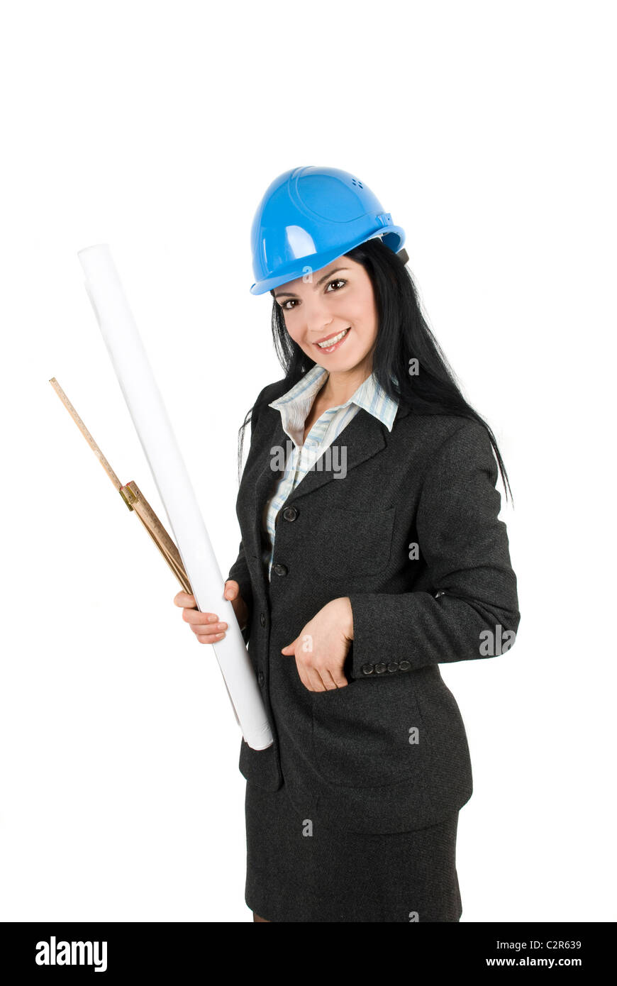 Attractive young woman engineer holding a project and a ruler Stock ...