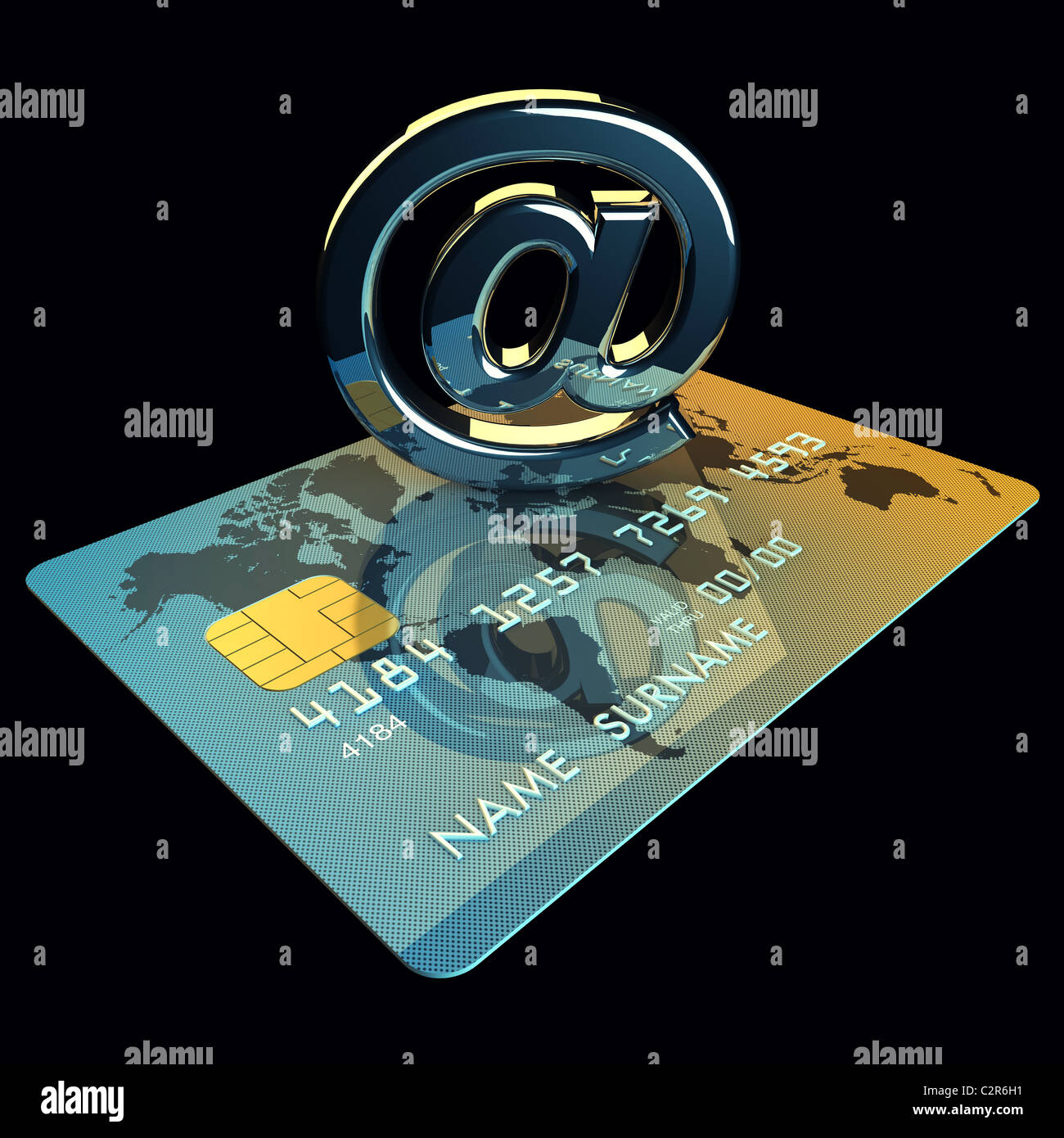 Credit card and arobase sign on black background , 3d illustration ...